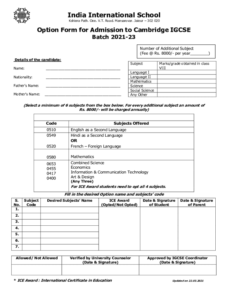 Fillable Online Option Form for Admission to Cambridge IGCSE - Jaipur ...
