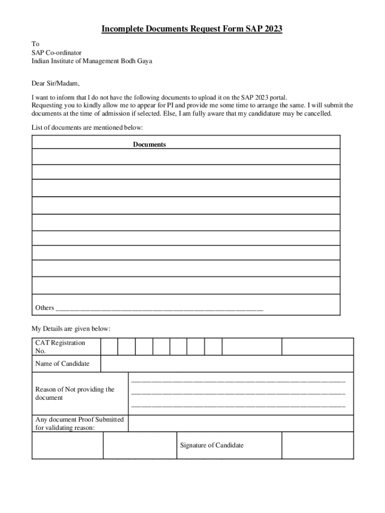 Fillable Online Incomplete Documents Request Form SAP 2023 Fax Email Print - pdfFiller