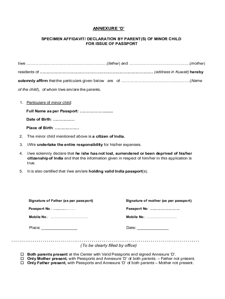 Fillable Online Annexure d for minor passport filled sample - DocHub ...