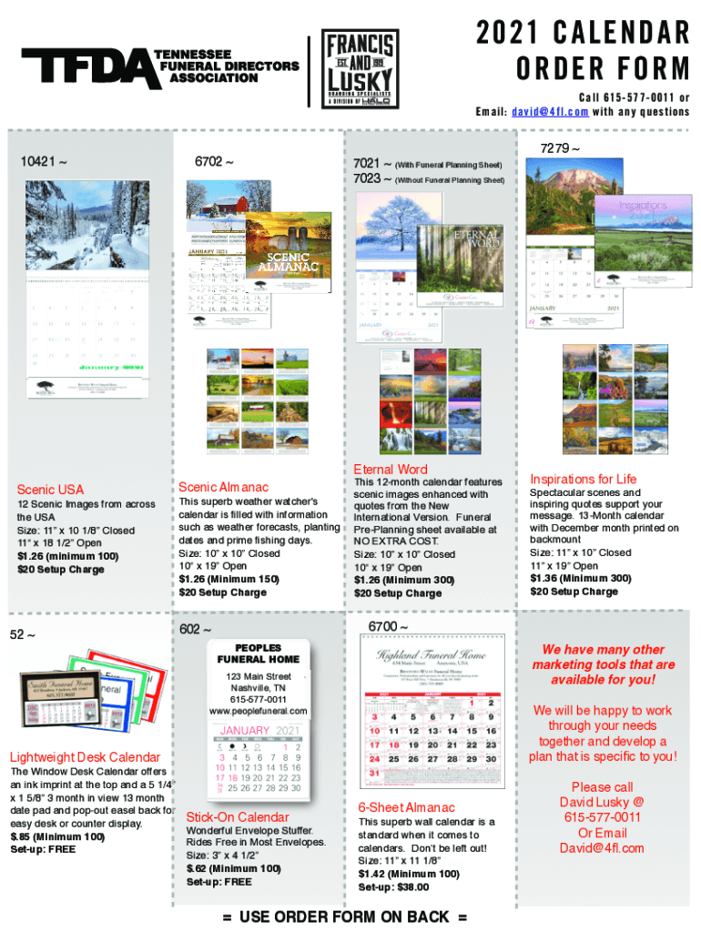 Fillable Online 2021 CALENDAR ORDER FORM Fax Email Print - pdfFiller