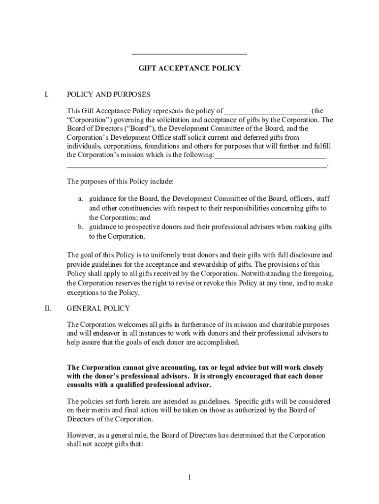 Fillable Online Sample Gift Acceptance Policy Template - Bloomerang Fax ...