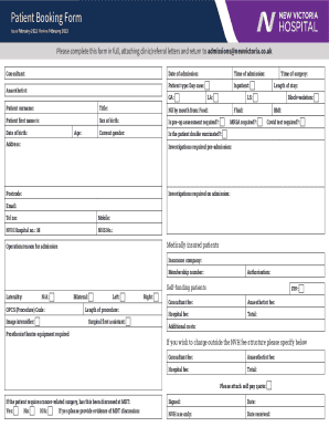 Fillable Online Patient Booking Form - New Victoria Hospital Fax Email ...