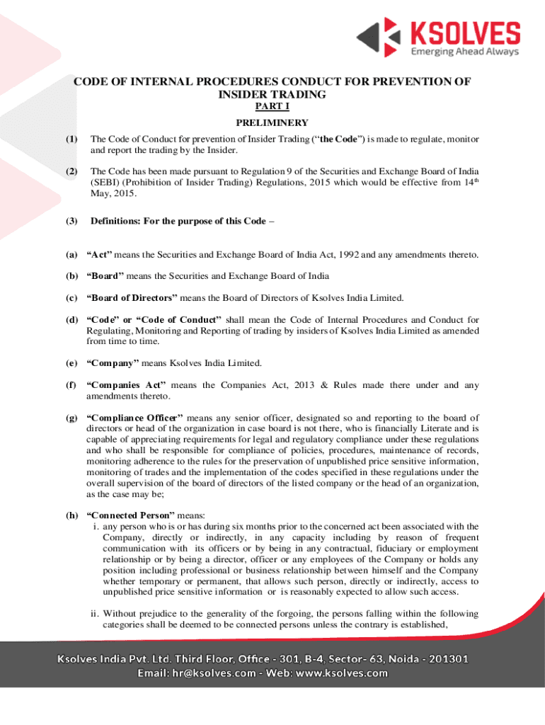 Fillable Online Code of Conduct for Prohibition of Insider Trading ...