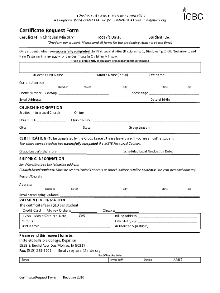 Fillable Online Certificate Program Forms - INSTE Global Bible College Fax Email Print - pdfFiller