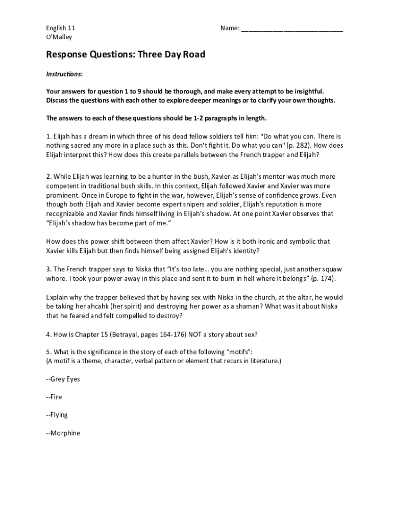 Fillable Online Analysis Of Joseph Boyden's Three-Day Road - IPL.org ...