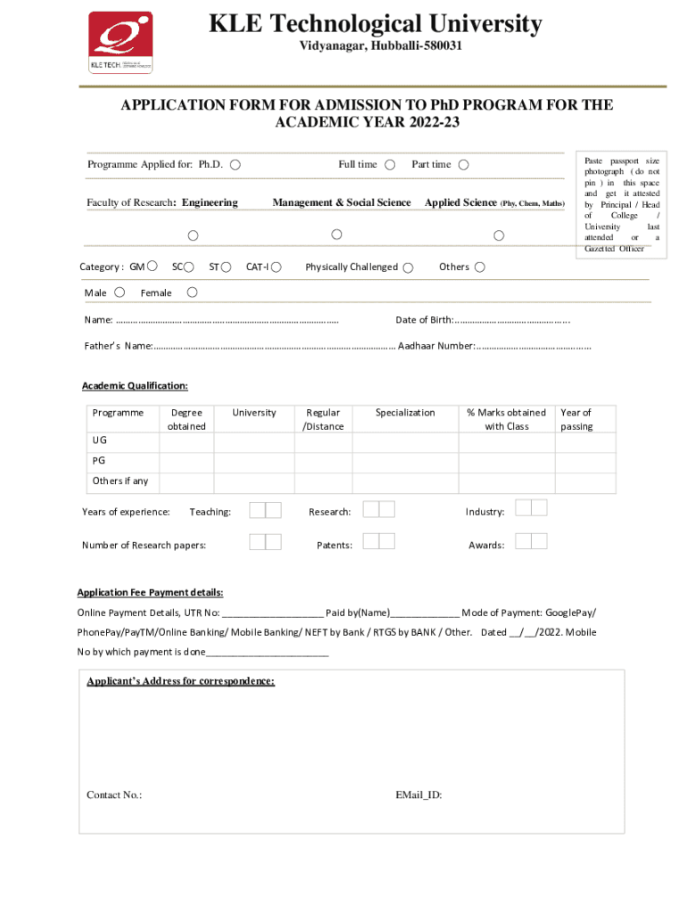 Fillable Online Application Form For Ph.D Admission - KLE Technological ...