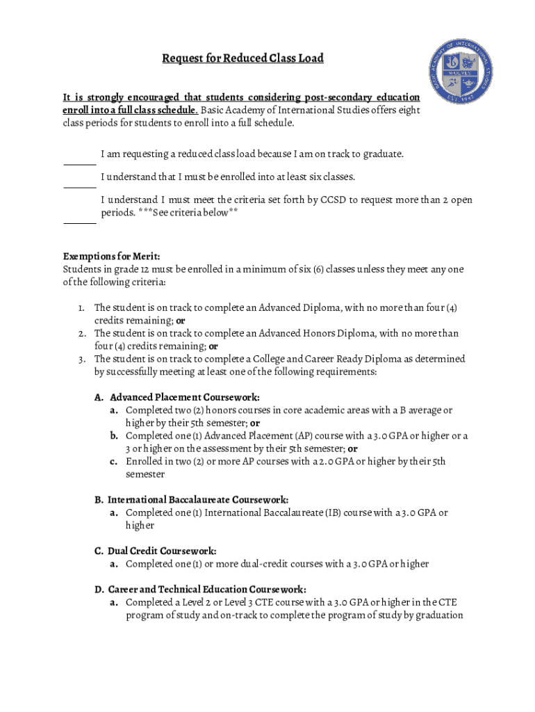 Fillable Online Request for Reduced Class Load Fax Email Print - pdfFiller