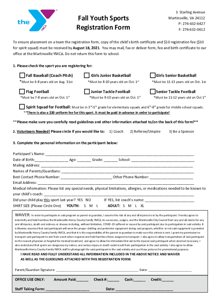 Fillable Online Youth Sports Registration Form - Revize Fax Email Print - pdfFiller