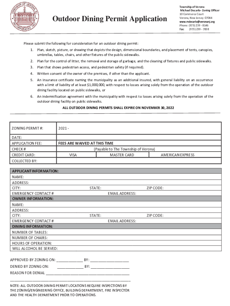 Fillable Online Outdoor Dining Permit Application - Township of Verona ...