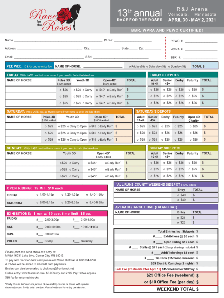 Fillable Online 13th Annual Race for the Roses - Pro Elite World ...