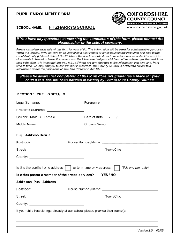 Fillable Online PUPIL ENROLMENT FORM - Fitzharrys School Fax Email ...