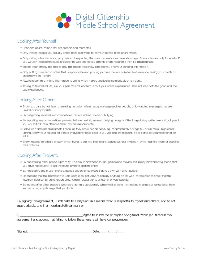 Fillable Online Digital Citizenship Middle School Agreement Fax Email ...