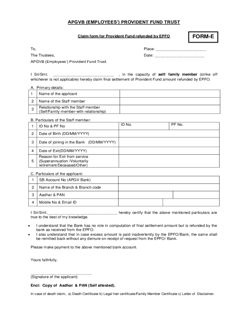 Fillable Online Claim form for Provident Fund refunded by EPFO - APGVB ...