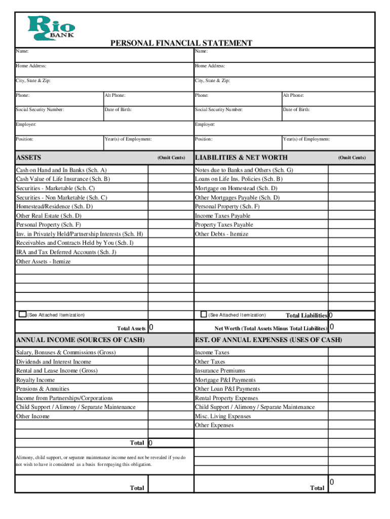 Fillable Online Personal Financial Statement Worksheet - First ...