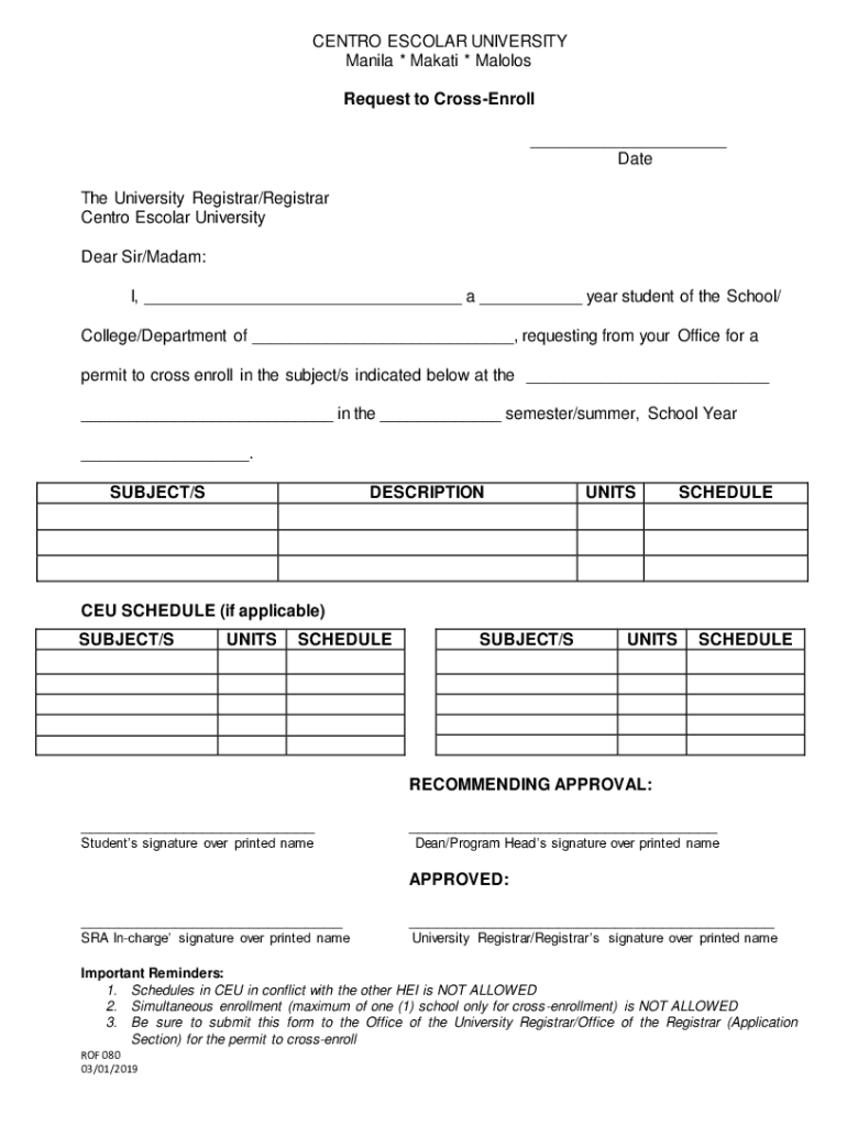 Fillable Online ROF 080R0 Request to Cross Enroll.pdf - CEU Fax Email ...