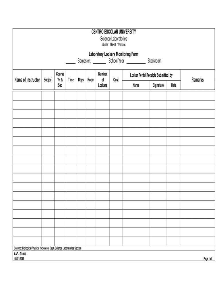 Fillable Online Laboratory Lockers Monitoring Form Fax Email Print ...