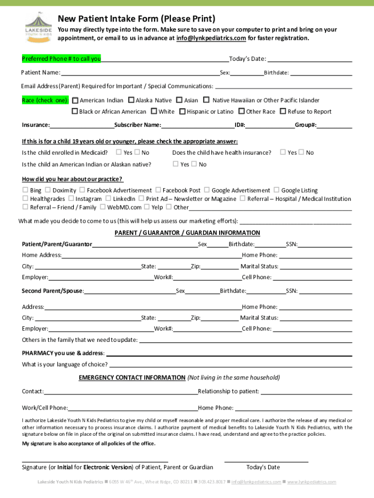 Fillable Online New Patient Intake Form - Full - 2017-11-20 for EHR Fax ...