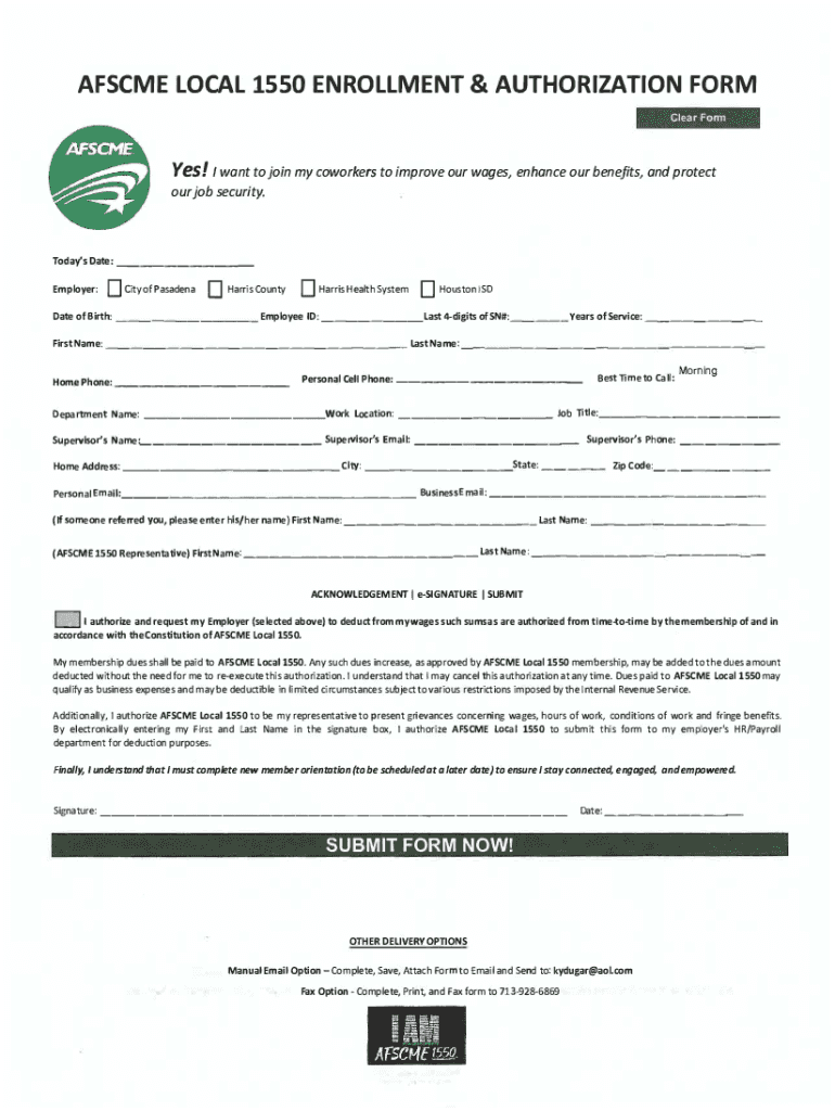 Fillable Online AFSCME LOCAL 1550 ENROLLMENT & AUTHORIZATION FORM Fax ...