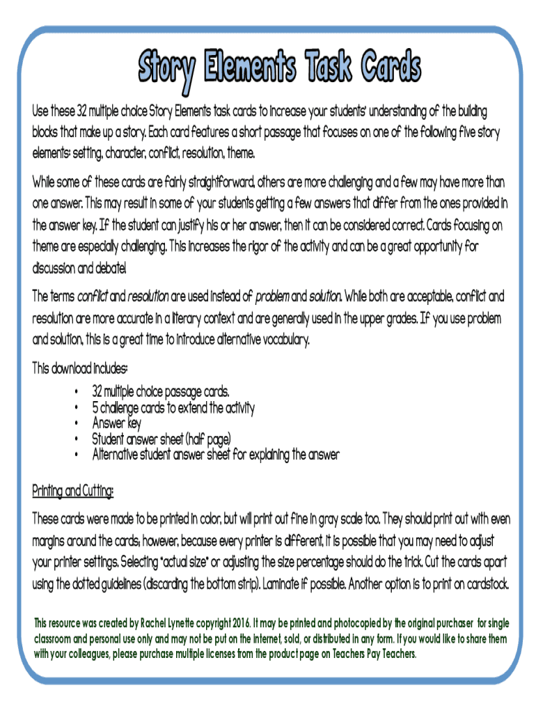 Fillable Online Task cards, Story elements, Characters setting problem ...