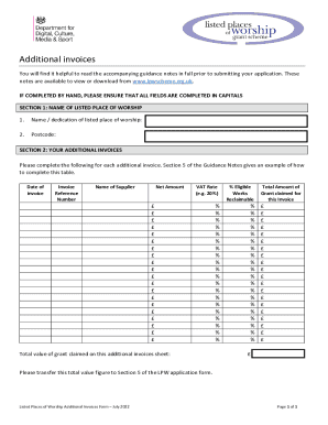 Fillable Online Additional invoices - Listed Places of Worship Grant ...