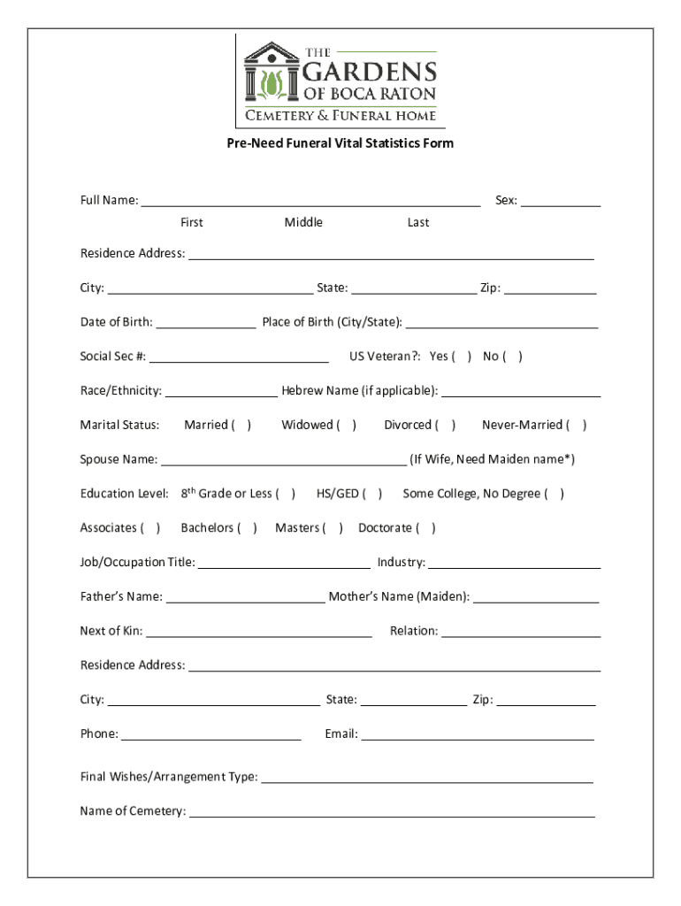 Fillable Online Pre-Need Funeral Vital Statistics Form Fax Email Print ...