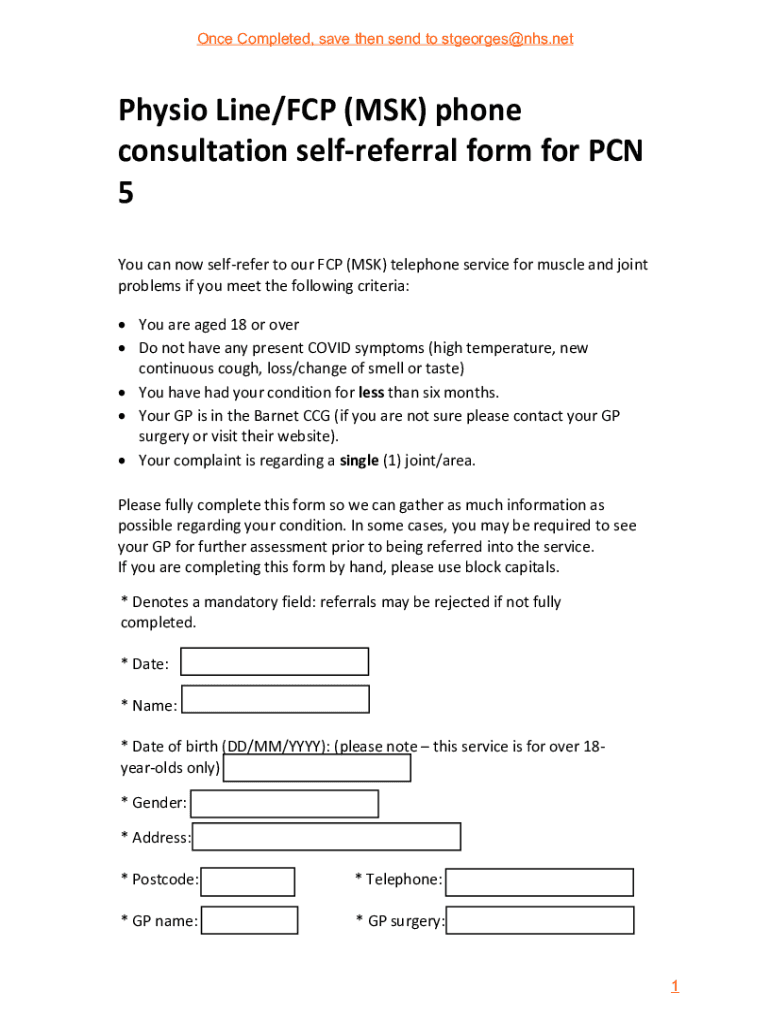 Fillable Online Physio Line/FCP (MSK) phone consultation self-referral ...