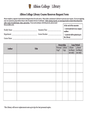 Fillable Online Albion College Library Course Reserves Request Form Fax ...