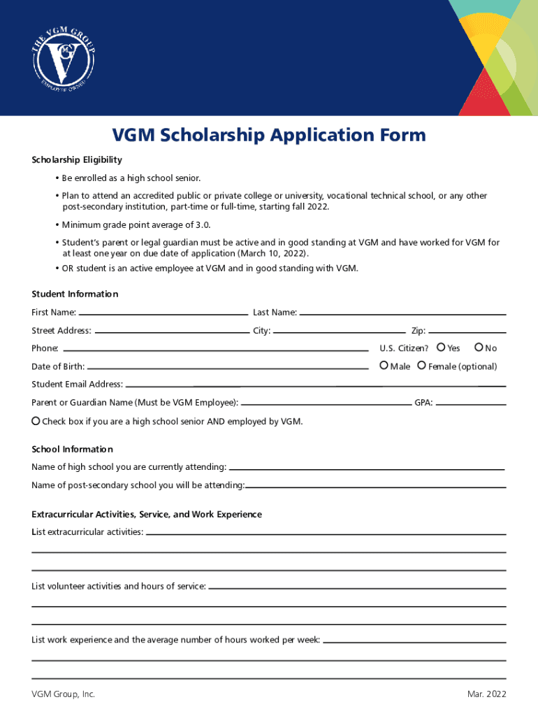 Fillable Online VGM Scholarship Application Form Fax Email Print ...