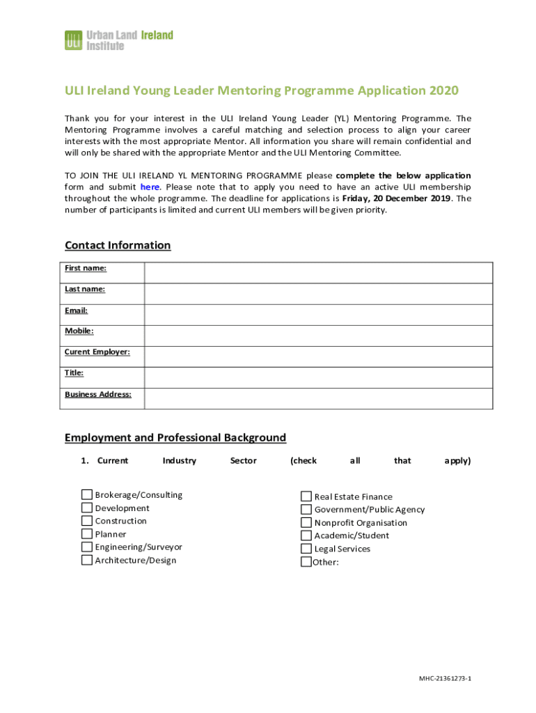 Fillable Online europe uli ULI Ireland Young Leader Mentoring Programme Application ... Fax ...
