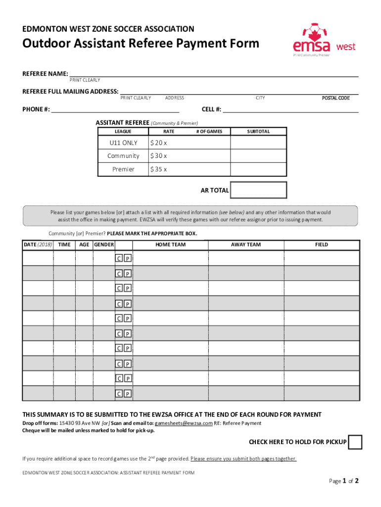 Fillable Online Outdoor Assistant Referee Payment Form - EMSA West Fax ...