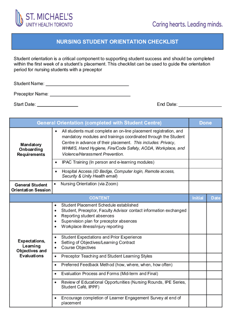 Fillable Online Nursing and Ancillary Student Orientation Materials and ...