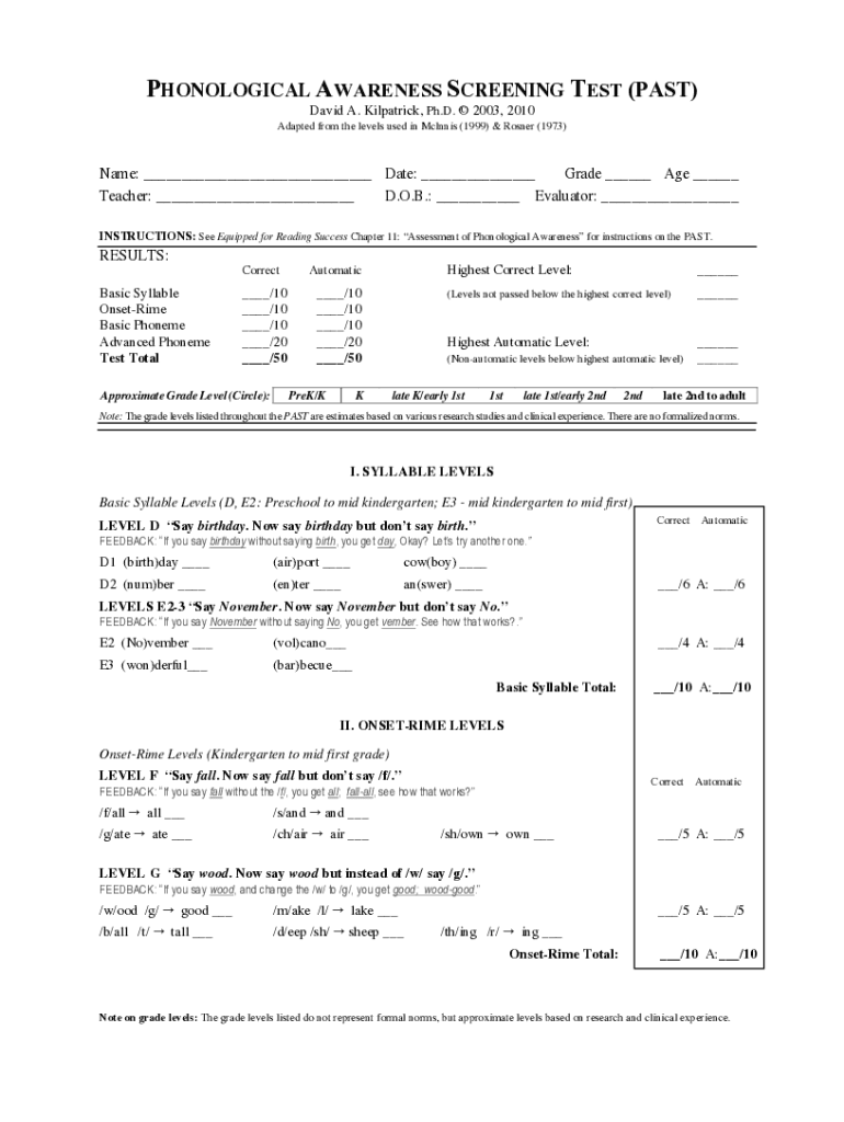 Fillable Online Phonological Awareness Screening Test past Form A Fax