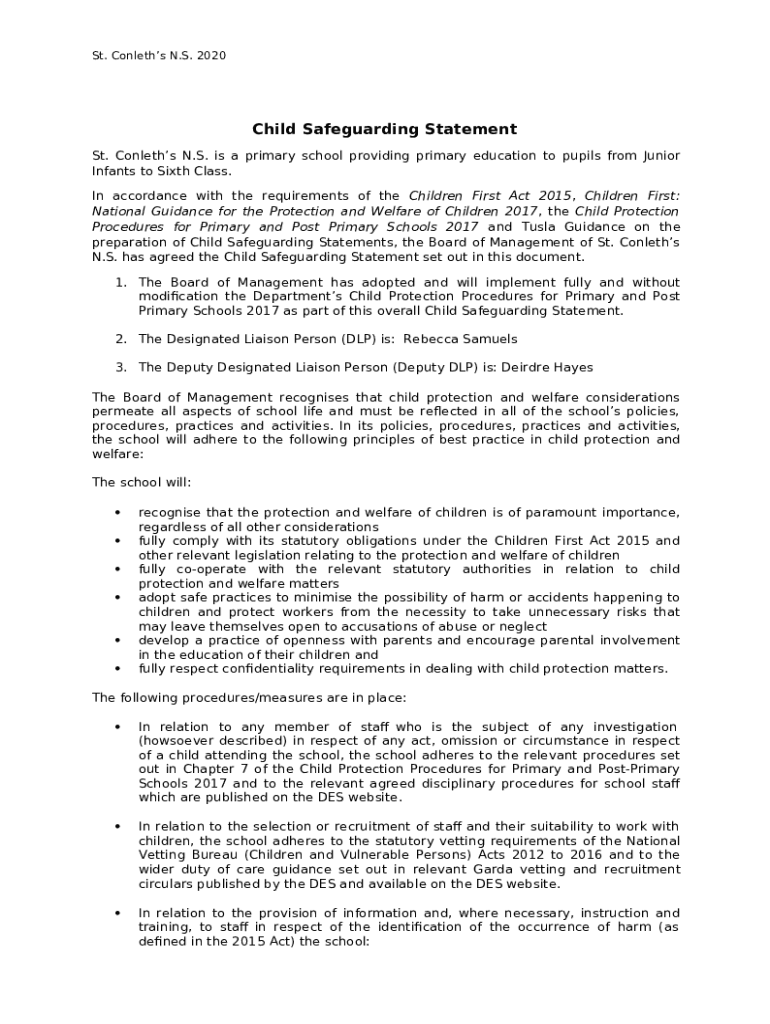 CHILD SAFEGUARD STATEMENT - St Conleth Infant School Doc Template ...