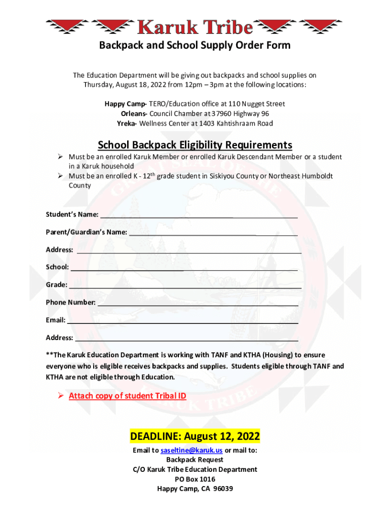 Fillable Online Backpack and School Supply Order Form - Karuk Tribe Fax ...