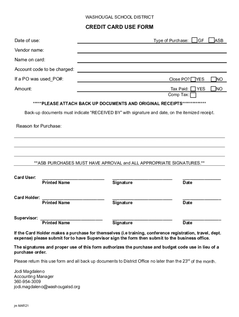 Fillable Online washougal school district - credit card use form Fax ...