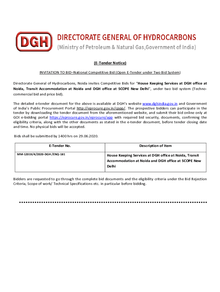Fillable Online Housekeeping Services At Dgh Office Tenders - Tender ...