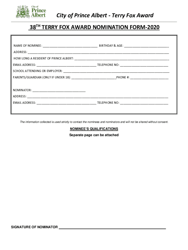 Fillable Online Terry Fox Award - City of Prince Albert Fax Email Print ...