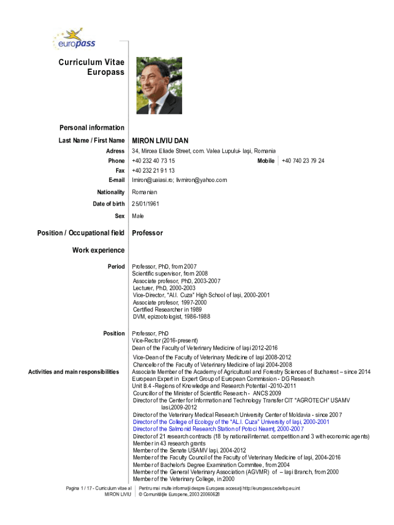 Fillable Online Curriculum Vitae Europass - CNATDCU Fax Email Print - pdfFiller