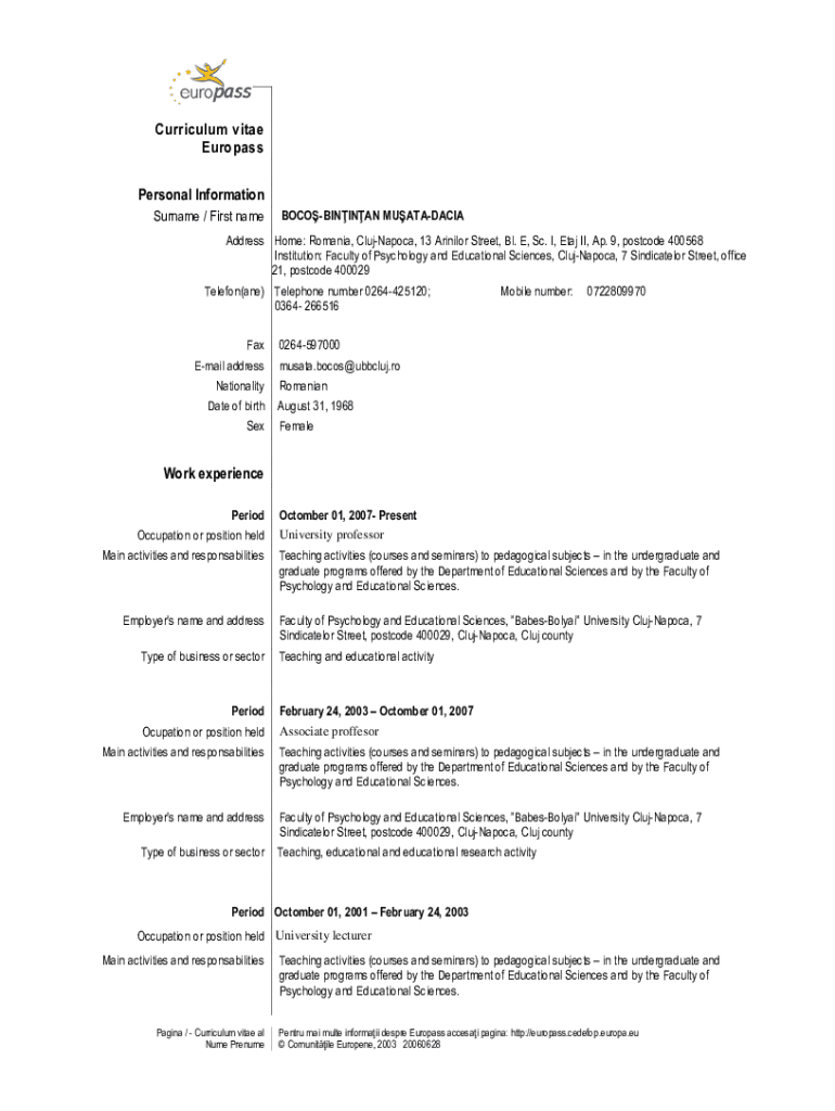 Fillable Online Europass Curriculum Vitae Personal information Surname( ... Fax Email Print ...