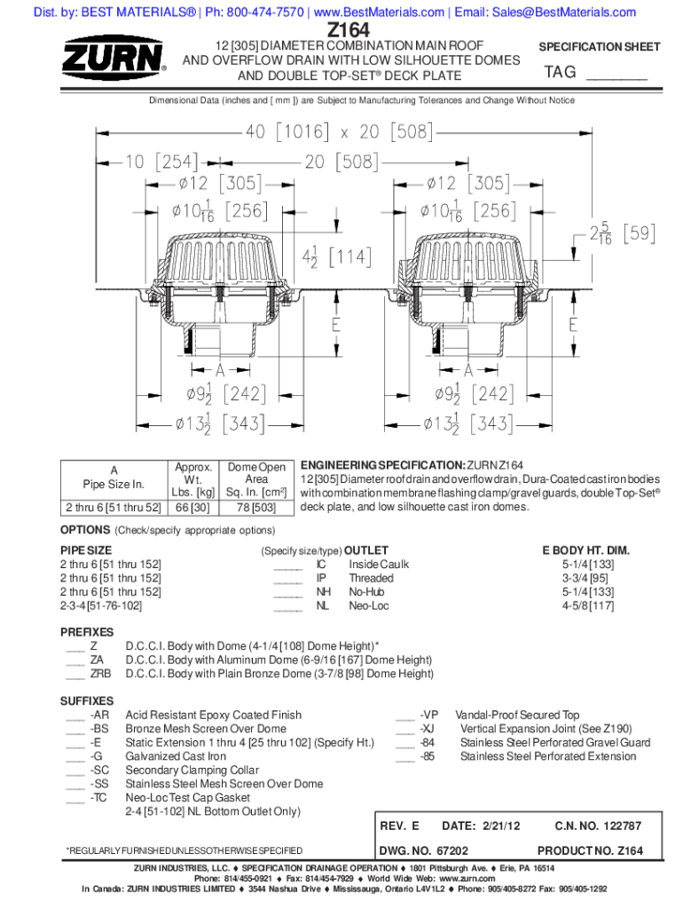 Fillable Online Zurn Z164 Dual Overflow 12 Inch Roof Drains, dist. by ...