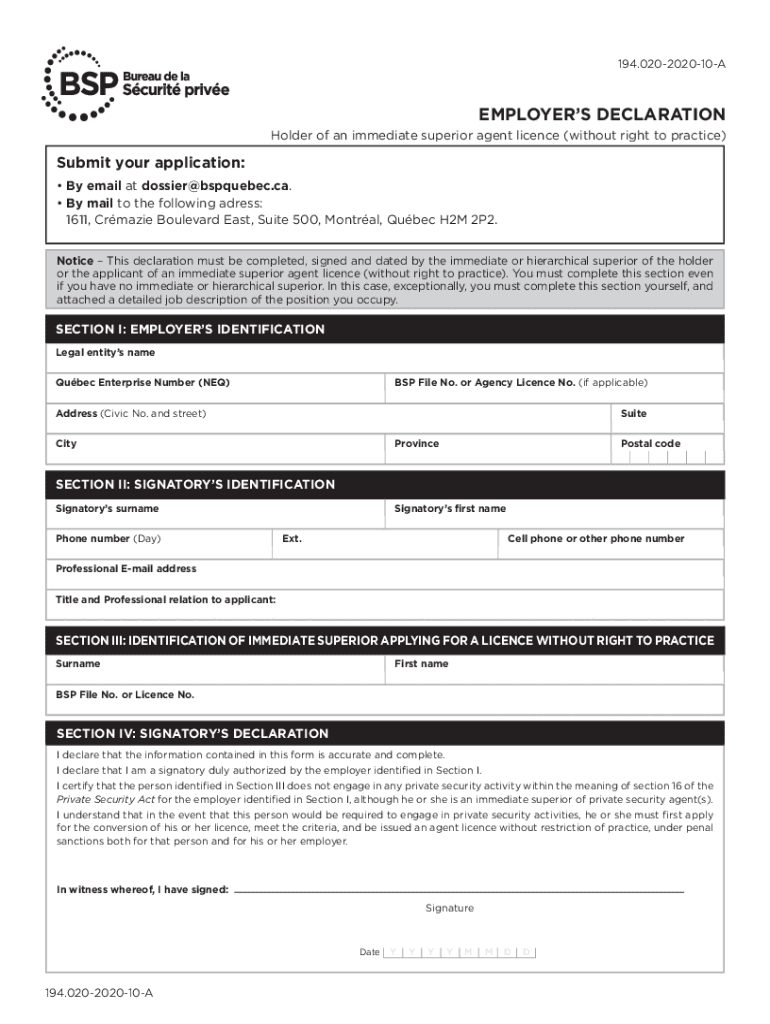 Fillable Online EMPLOYER'S DECLARATION - BSP Fax Email Print - pdfFiller
