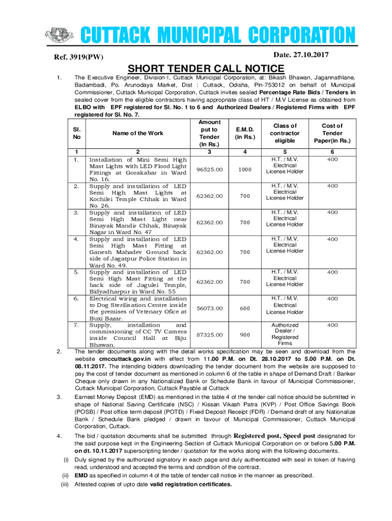 Fillable Online cmccuttack gov The Executive Engineer, Division-I ...