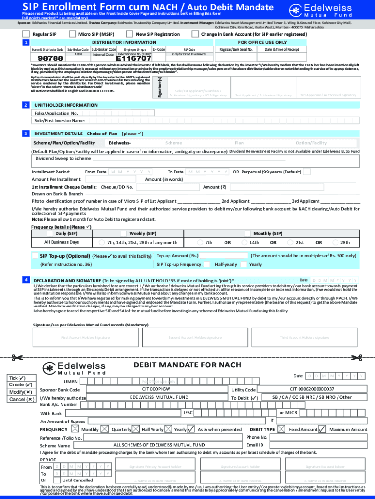 Fillable Online sip enrollment cum one time debit mandate form Fax Email Print - pdfFiller