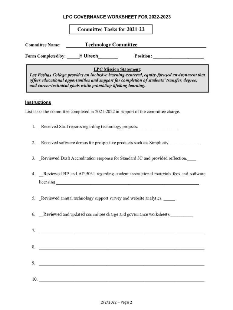 Fillable Online LPC GOVERNANCE WORKSHEET Committee Name: ... Fax Email ...