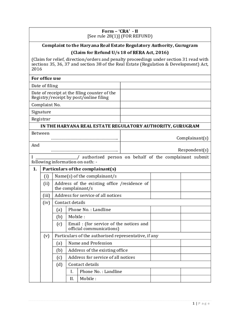 Fillable Online Form 'CRA' - II See rule 28(1) (FOR REFUND) Complaint to the ... Fax Email Print ...