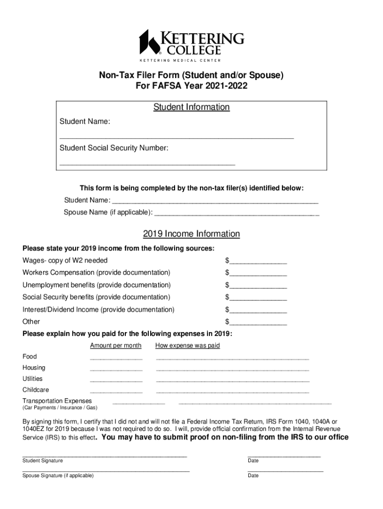 Fillable Online 2022 Non-Tax Filing Statement INDEPENDENT STUDENT ...