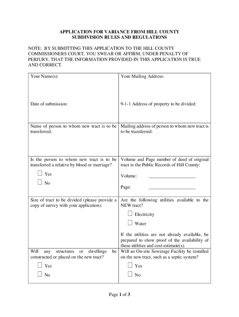 Fillable Online Application for Variance from Hill County Subdivision ...