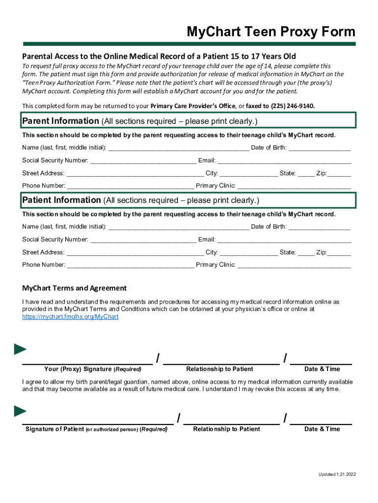 Fillable Online Parental/Guardian Proxy Access to a Teen's MyChart ...