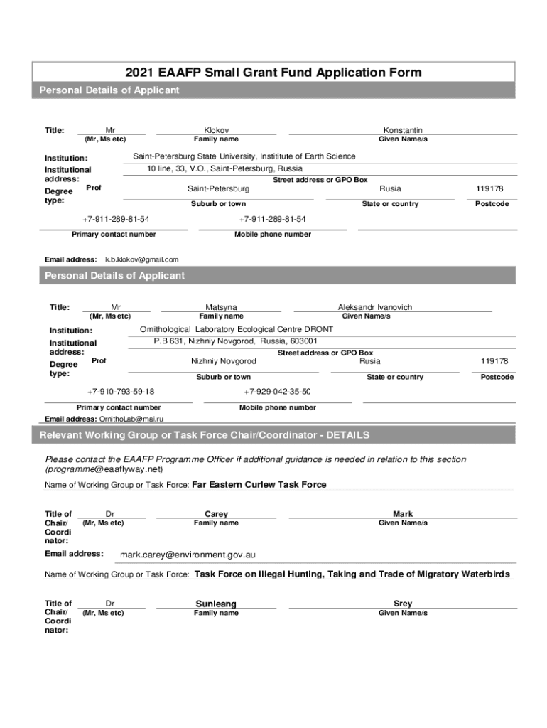 Fillable Online EAAFP Small Grants - Eaaflyway Fax Email Print - pdfFiller