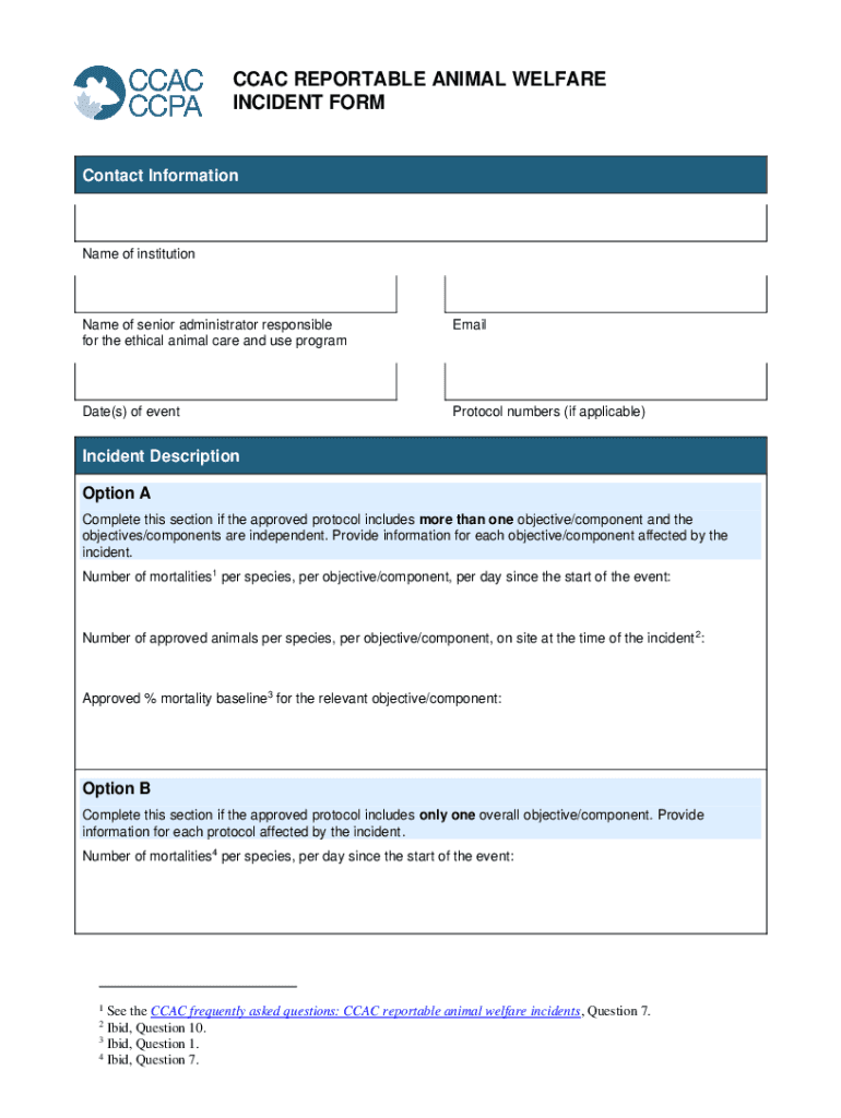 Fillable Online CCAC Reportable Animal Welfare Incident Form Fax Email ...